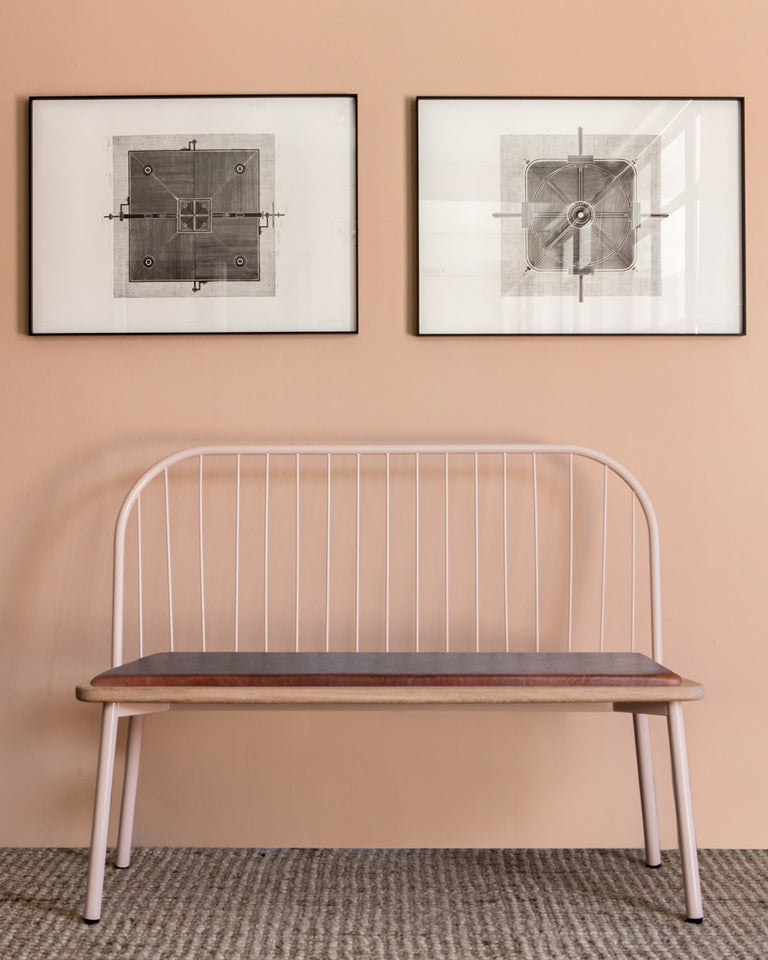 Fluted Wood and Steel Bench with Leather Seat - Pedersen + Lennard