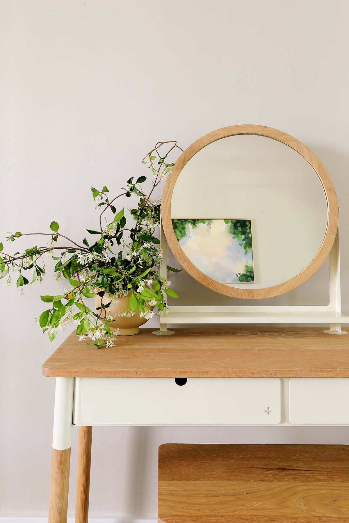 Contemporary Dressing Table with Round Framed Mirror - Pedersen + Lennard